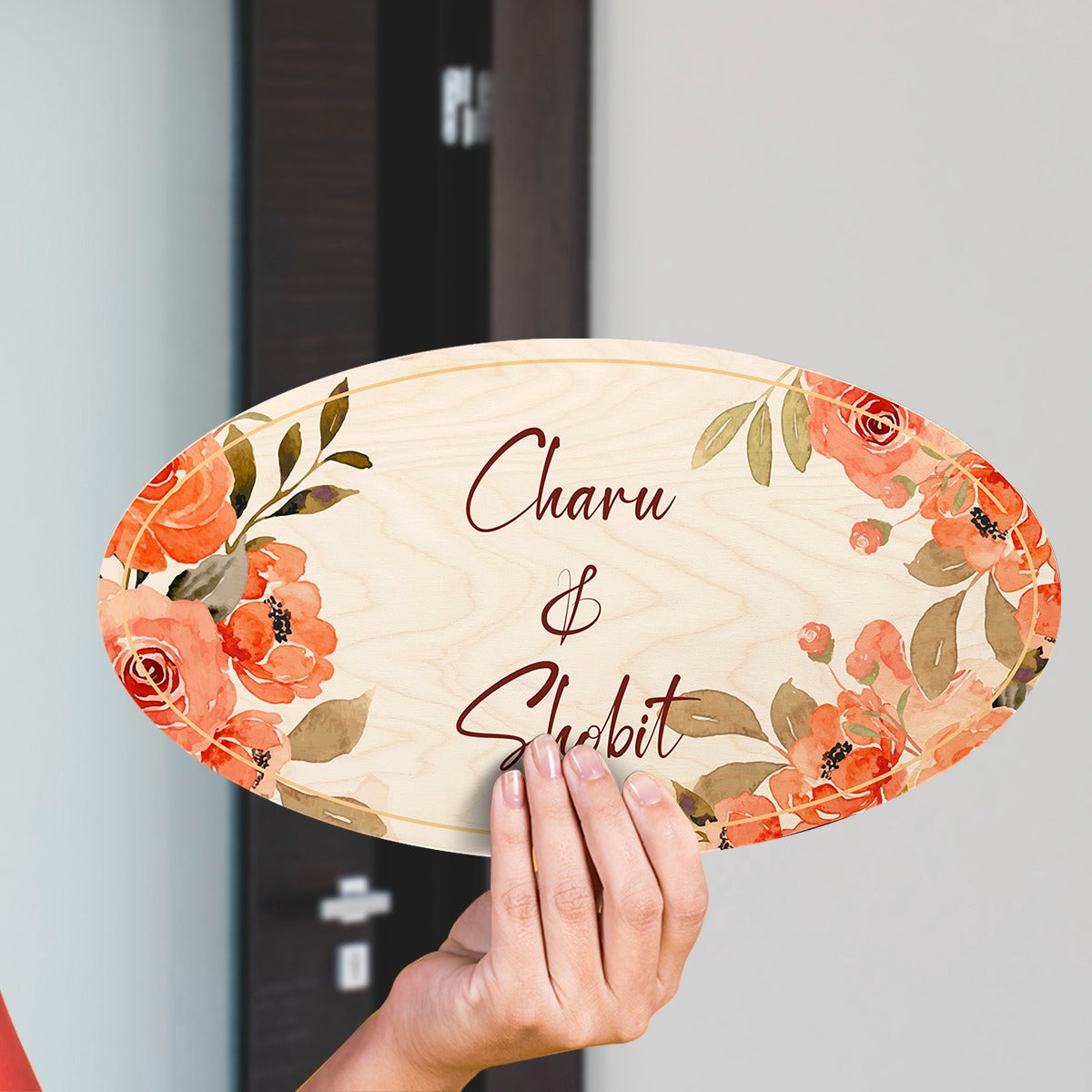 Orange Floral Theme Oval Name Plate – ChitraChaya