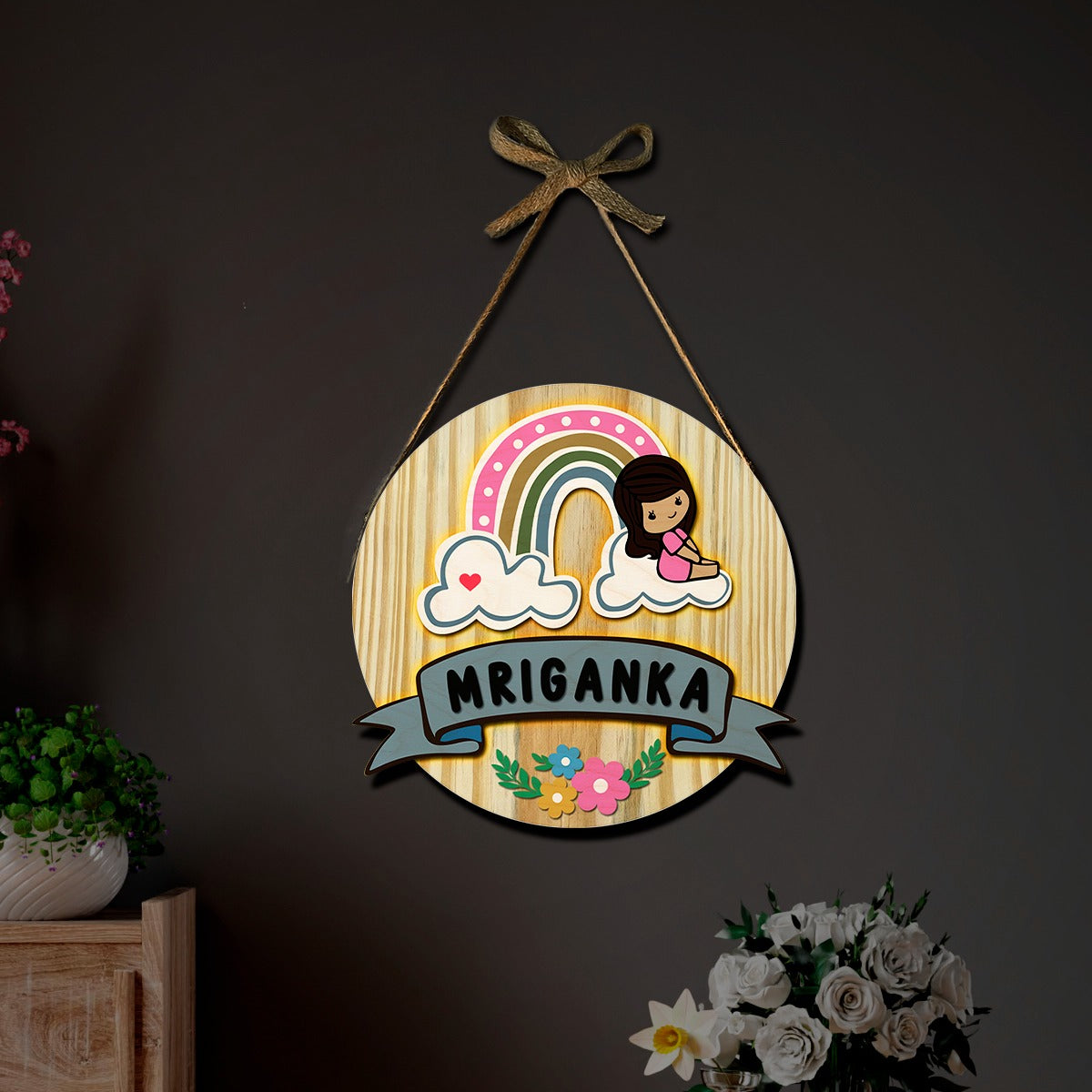 Cute Girl Rainbow Circular Theme 3D Name Plate – ChitraChaya
