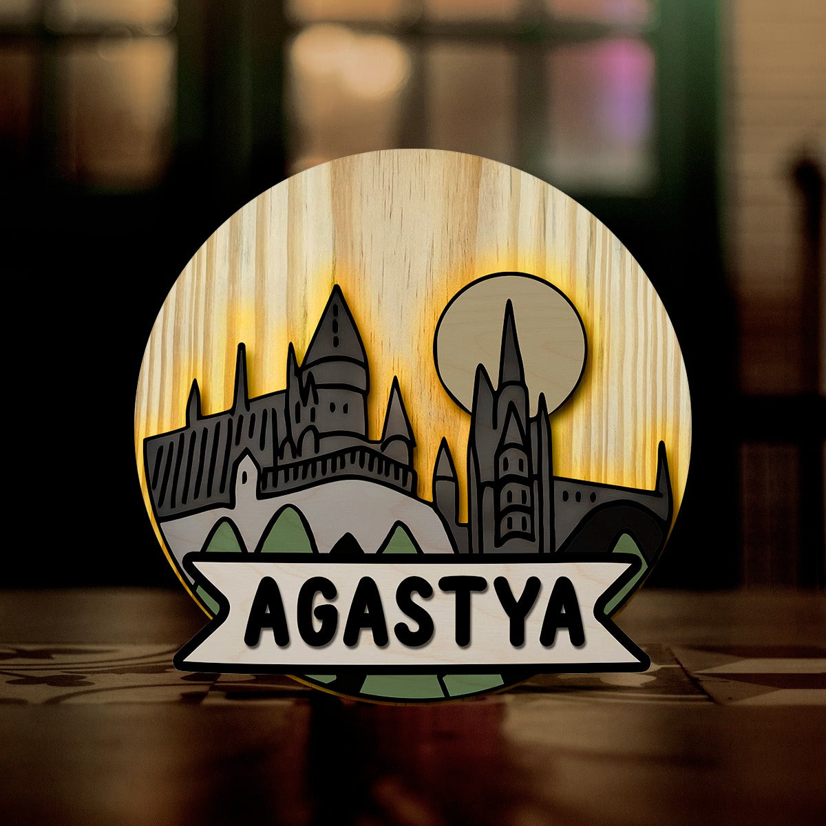 Kids Circular 3D Hogwarts Name Plate with Lights – ChitraChaya