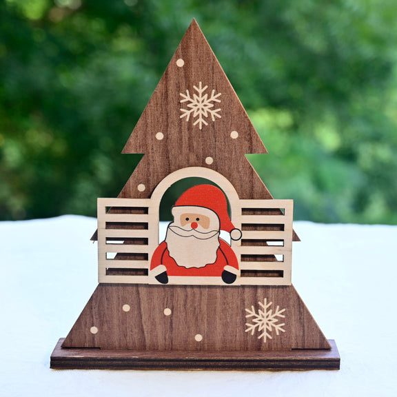 Wooden Christmas Table Decor – 3D Santa Window Scene – ChitraChaya